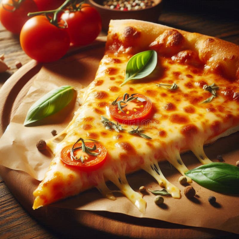 Close Up of a Cheesy Pizza Slice Resting on a Wooden Surface Stock ...