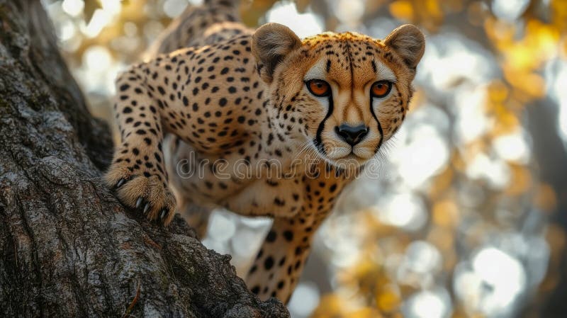 A Close-up of a Cheetah on a Tree Branch, Staring Intensely with Golden ...