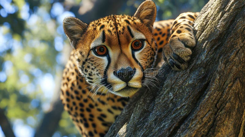 A Close-up of a Cheetah on a Tree Branch, Staring Intensely with Golden ...