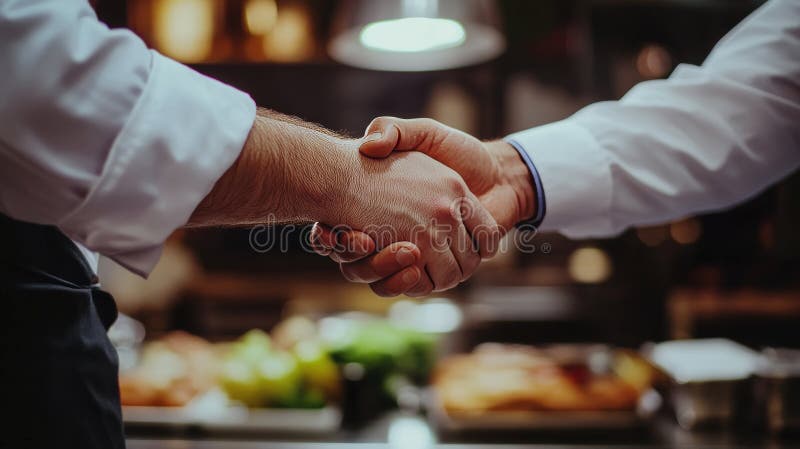 Close Up of Chef and Businessman Shaking Hands in Kitchen Culinary ...
