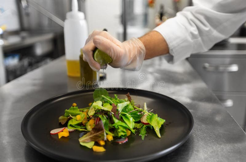 Close Up of Chef Dressing Salad at Restaurant Stock Photo - Image of ...