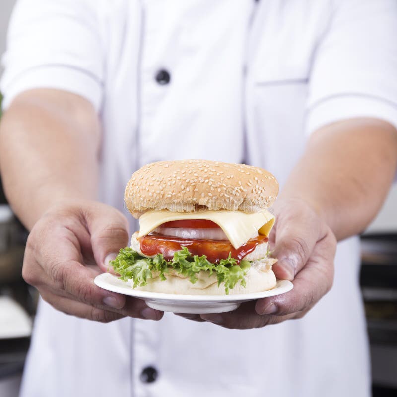 Close Up Chef Presented Hamburger Stock Image - Image of frying, chef ...