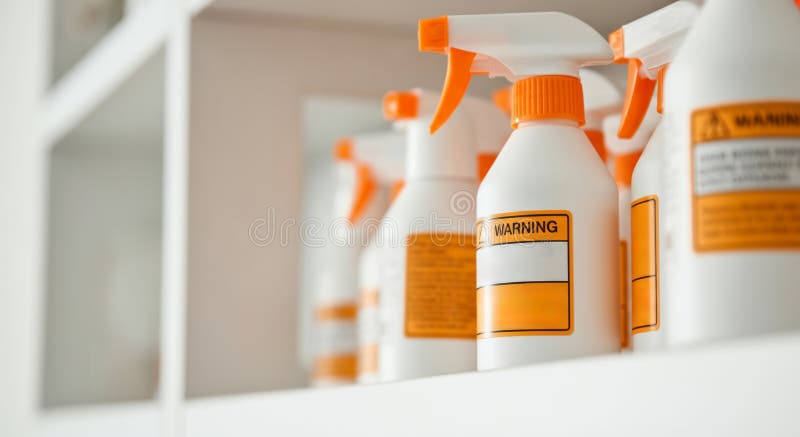 Close-up of Chemical Cleaning Bottles with Warning Labels on a Shelf ...