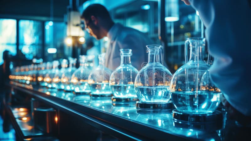 Close Up of Chemical Glass Flasks. Scientist in a White Coat on ...