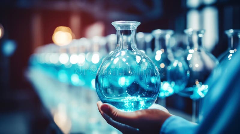 Close Up of Chemical Glass Flasks. Scientist in a White Coat on ...