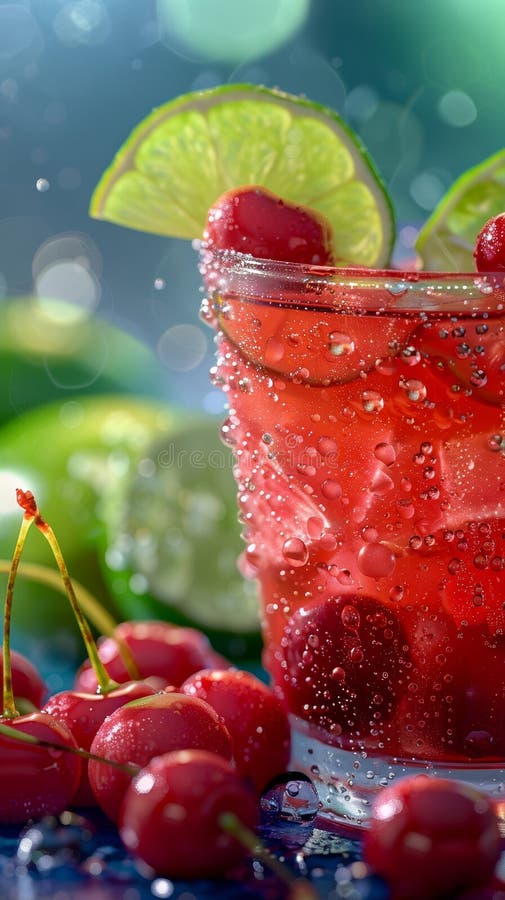 Close-Up of Cherry Limeade with Lime Wedges and Cherries Stock ...