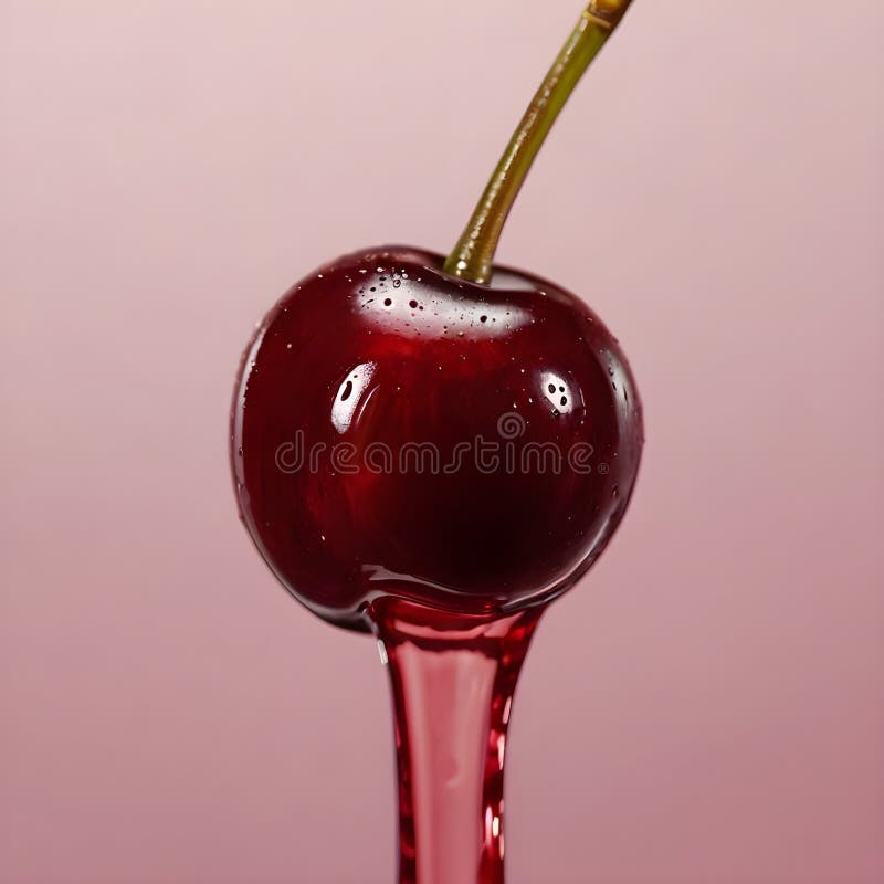 Close Up of a Cherry and Red Syrup Dripping on Pink Background Stock ...
