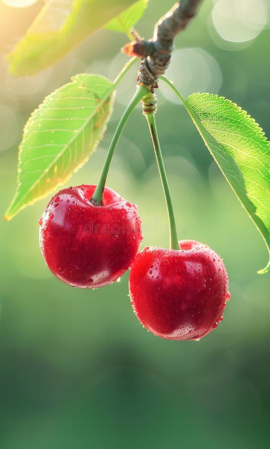 Close-up of a Cherry Tree Hanging Vertically Down on a Branch with ...