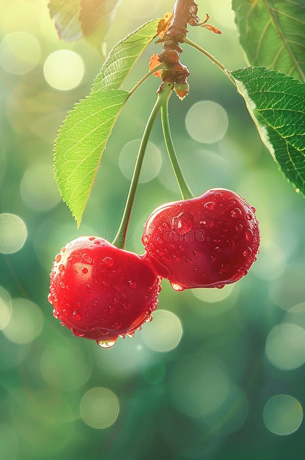 Close-up of a Cherry Tree Hanging Vertically Down on a Branch with ...