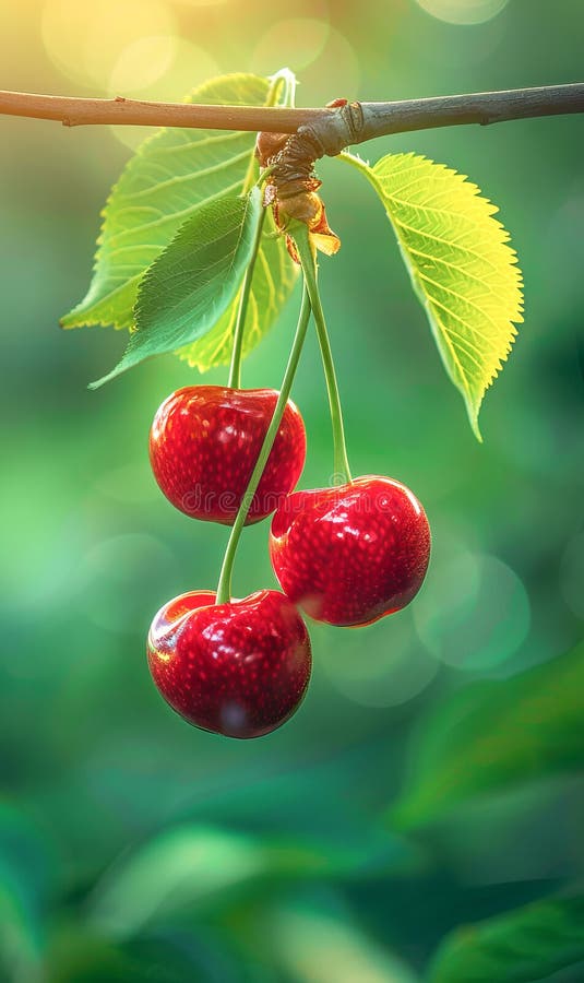 Close-up of a Cherry Tree Hanging Vertically Down on a Branch with ...