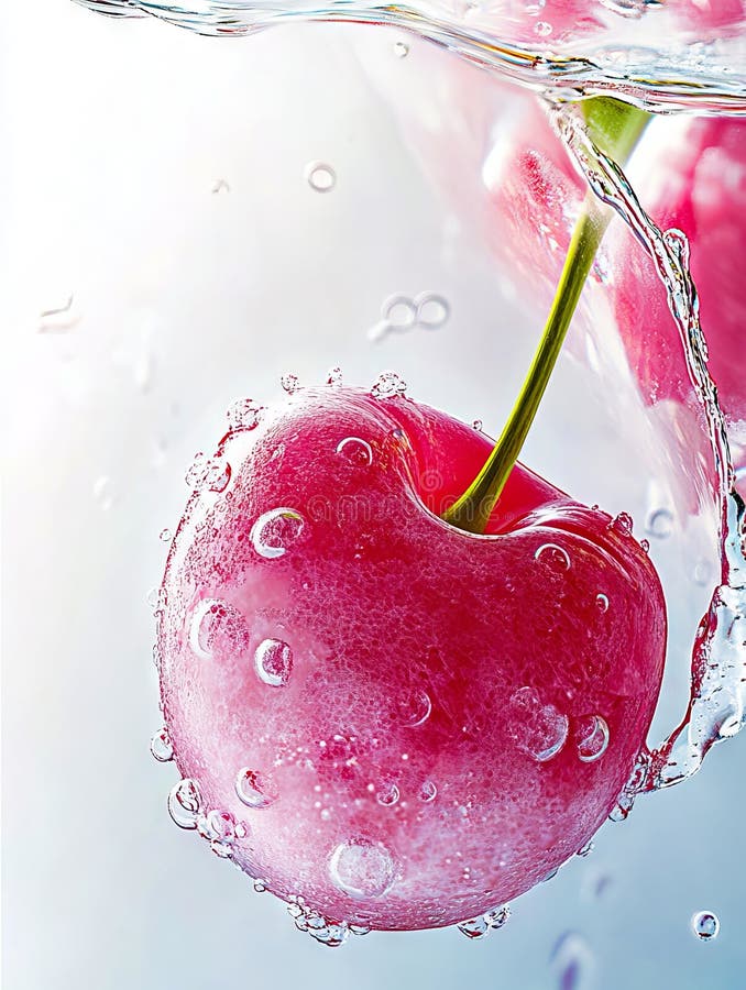 A Close Up of a Cherry in Water with Bubbles Stock Photo - Image of ...