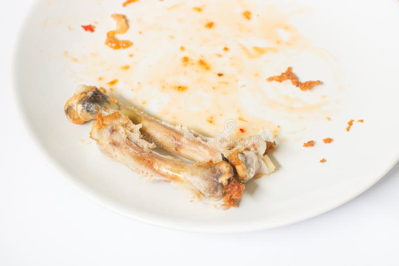 Close Up of Chicken Bone on the White Dish with with Waste Food Stock ...