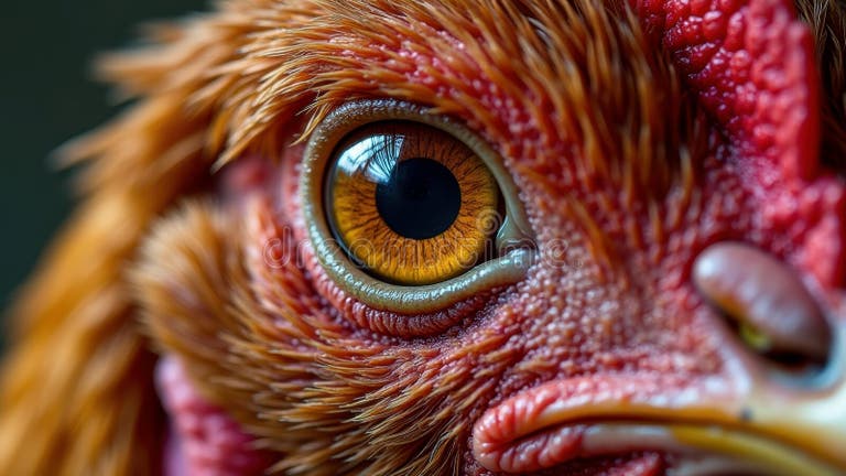 Close-up of Chicken Eye with Detailed Feathers and Reflections Stock ...