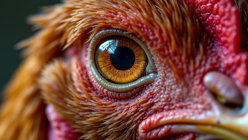 Close-up of Chicken Eye with Detailed Feathers and Reflections Stock ...
