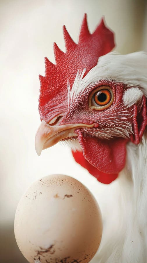 Close-up of Chicken Head and Egg with Red Comb and White Feathers. Farm ...