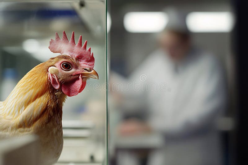 Close Up of Chicken in Laboratory with Scientist in Blurry Background ...
