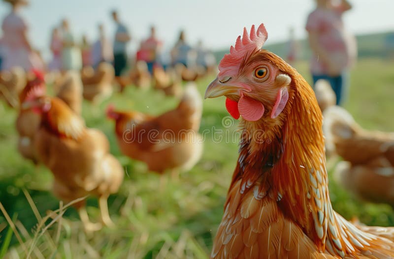 Close-up Chicken Looking in the Camera with a Group of People in a ...