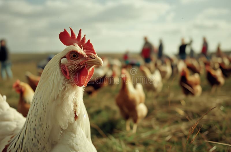 Close-up Chicken Looking in the Camera with a Group of People in a ...