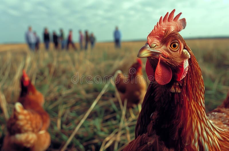 Close-up Chicken Looking in the Camera with a Group of People in a ...