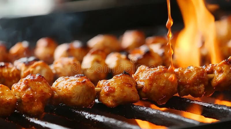 Close Up of Chicken Skewers Grilling Over an Open Flame Stock Photo ...