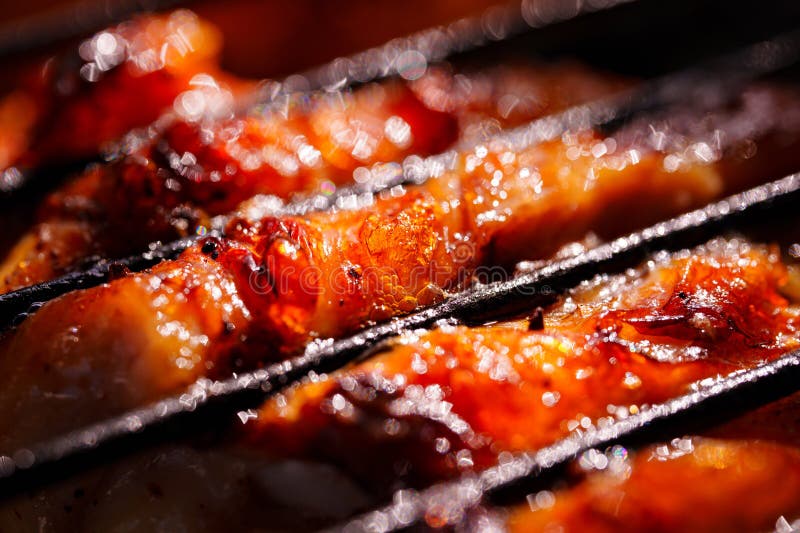 Close-up. Chicken Steaks on a Grill Rack Cooking Over an Open Fire ... Close-up. Chicken Steaks on a Grill Rack Cooking Over an Open Fire ...