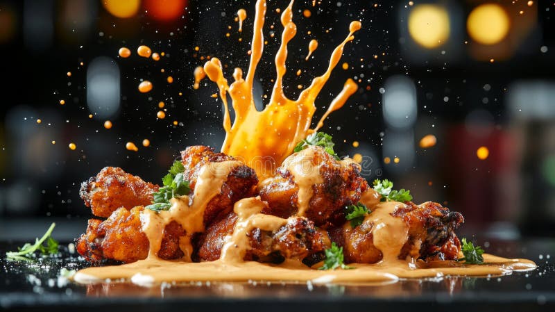 Close-up of Chicken Wings Covered in Orange Sauce with a Splash Stock ...