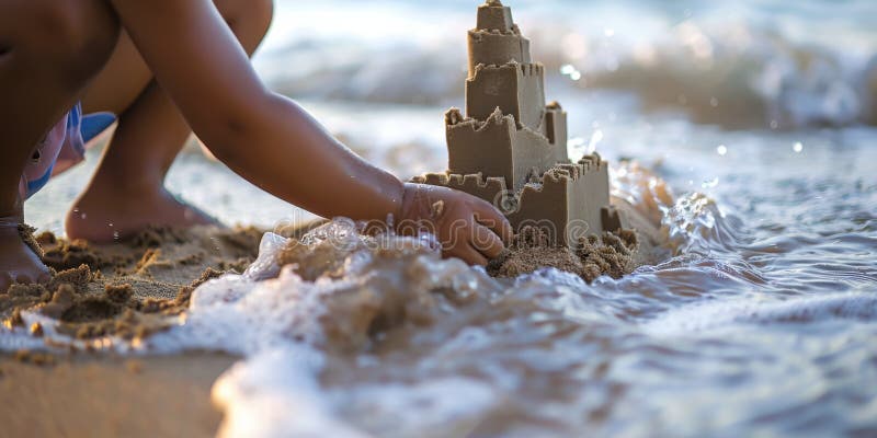 A Close-up of a Child Hands Building a Sandcastle at the Water Edge ...