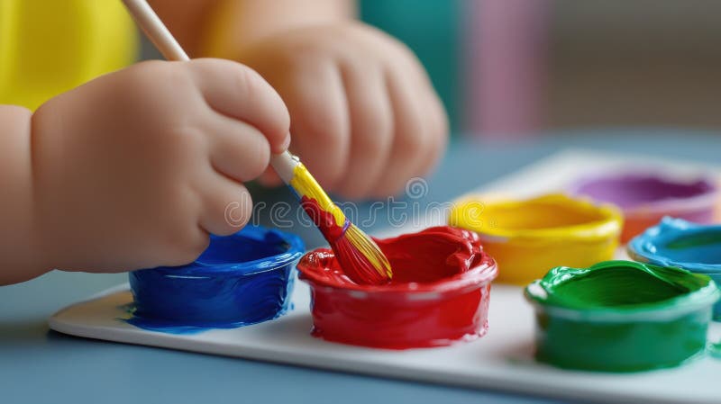 A Close Up of a Child Painting with Paint in Cups, AI Stock Image ...