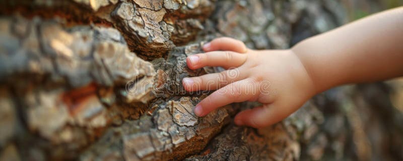 Close-up of a Child& X27;s Hand Touching Tree Bark Stock Image - Image ...