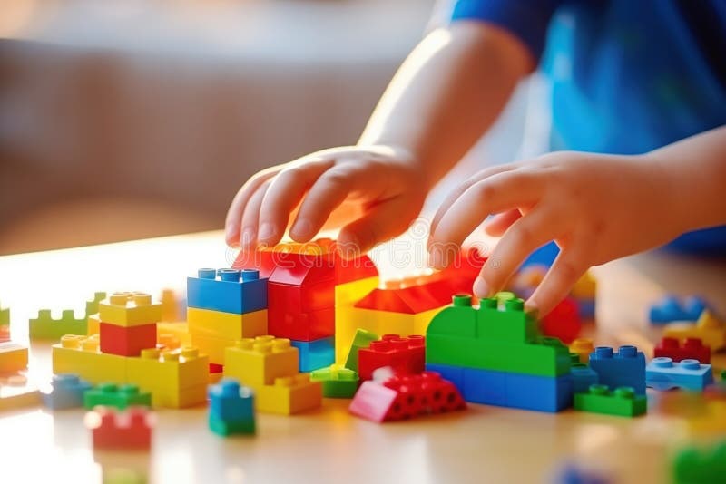 Close-up of Child S Hands Assembling Vibrant Building Blocks on a ...
