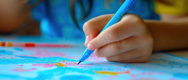 Close-Up of a Child Writing with a Pencil Stock Illustration ...