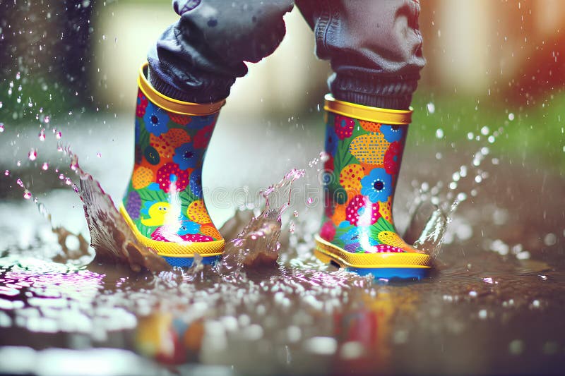 Close-up of Children S Feet in Multi-colored Rubber Boots Splashing in ...