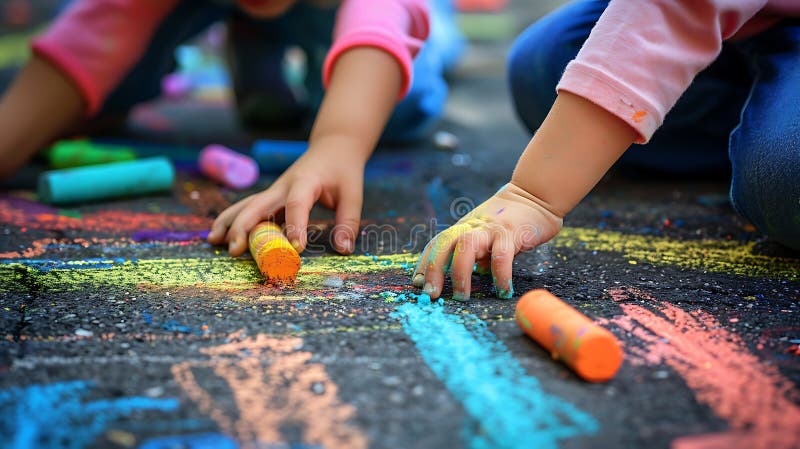 Close-up of Children S Hands Creating Vibrant Chalk Art on the Sidewalk ...