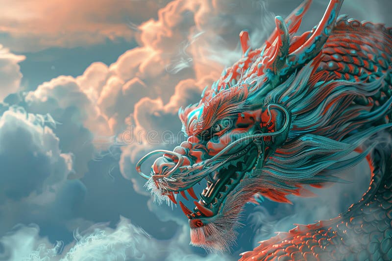 Close Up of a Chinese Dragons Head Soaring through the Clouds Stock ...