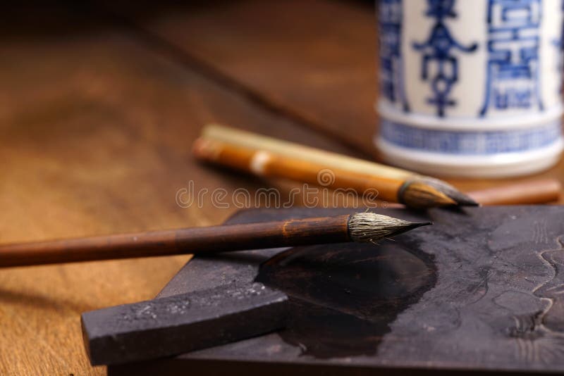 Close Up of Chinese Writing Brush Stock Image - Image of black, table ...