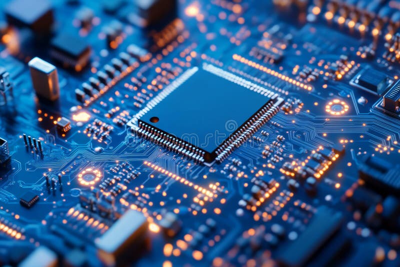 AI Chip on Vibrant Blue Circuit Board with Glowing Details. AI ...