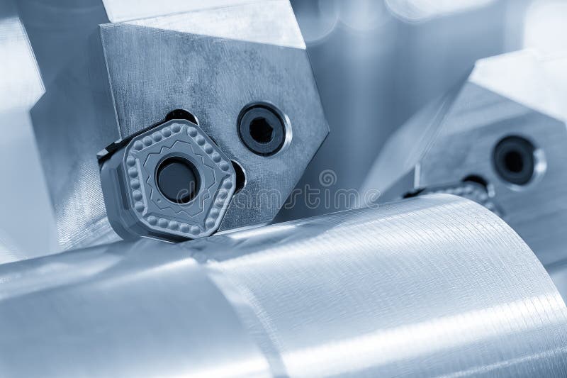 Close Up the Chip Insert on the Lathe Machine in the Light Blue Scene ...