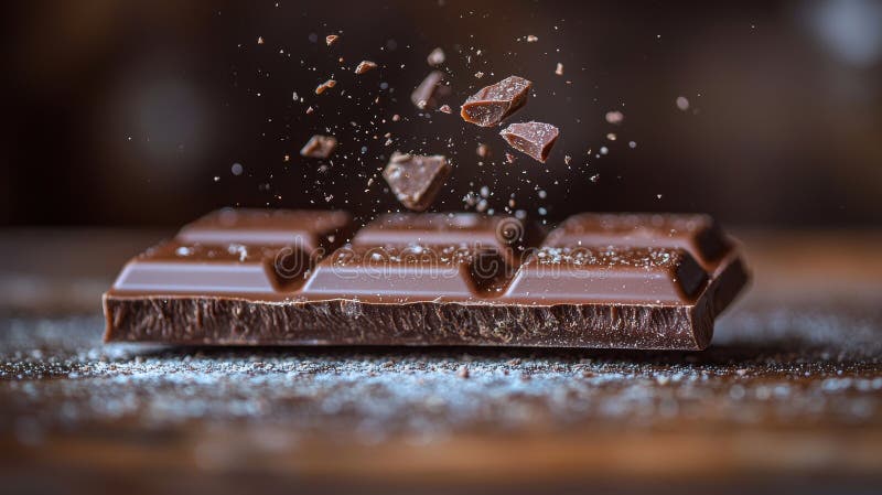 Close-up of Chocolate Bar with Flying Chunks and Sugar Dust Stock ...