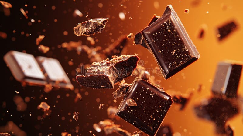 Close-up of Chocolate Bars Exploding into Pieces with Dark Background ...