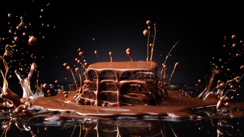 Chocolate Cake with Layer and Melted Chocolate Splash on Dark ...