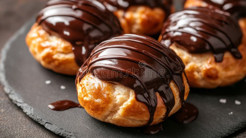 Close Up Chocolate Covered Pastries on Dark Stone Plate Stock ...