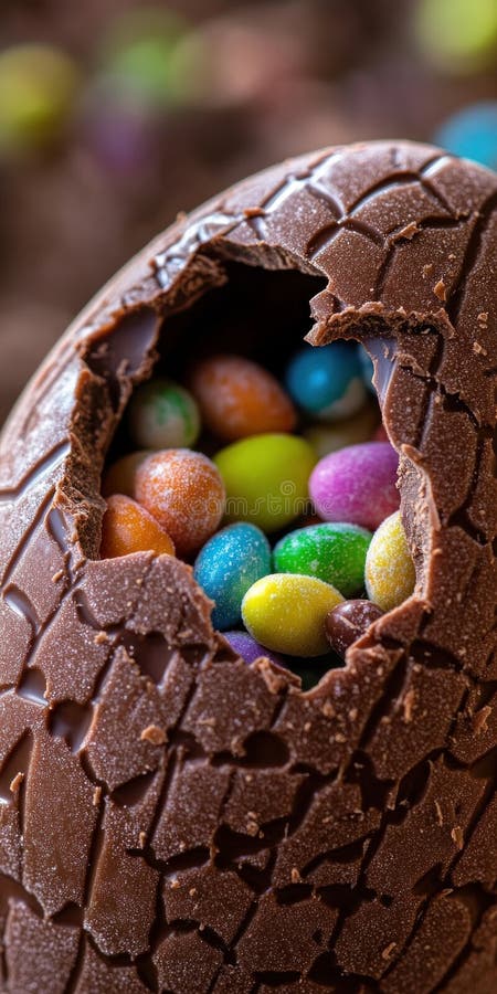 Close Up of Chocolate Easter Egg with Colorful Candy Filling Stock ...