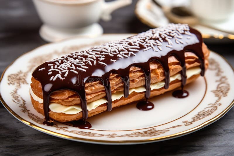 Close-up of a Chocolate Eclair on a White Porcelain Plate Stock Photo ...