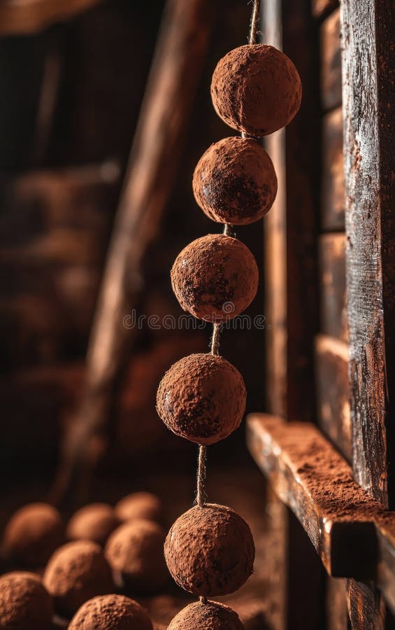 Close Up of Chocolate Truffles Hanging on a String in a Dark Chocolate ...