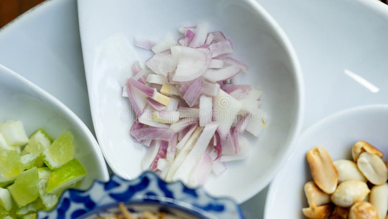 Chopped Red Onion on White Spoon for Miang Ingredient Stock Image ...