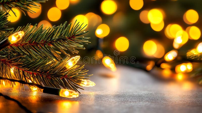 A Close Up of a Christmas Tree Branch with Lights on it Stock Photo ...