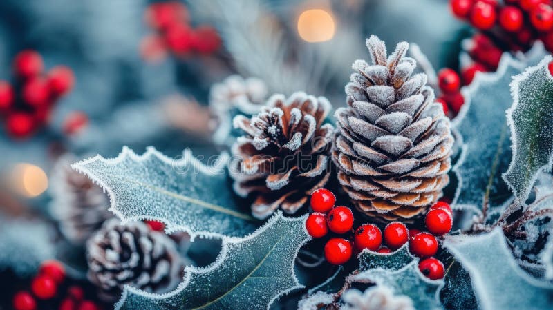 A Close Up of a Christmas Tree with Red Berries and Leaves, AI Stock ...