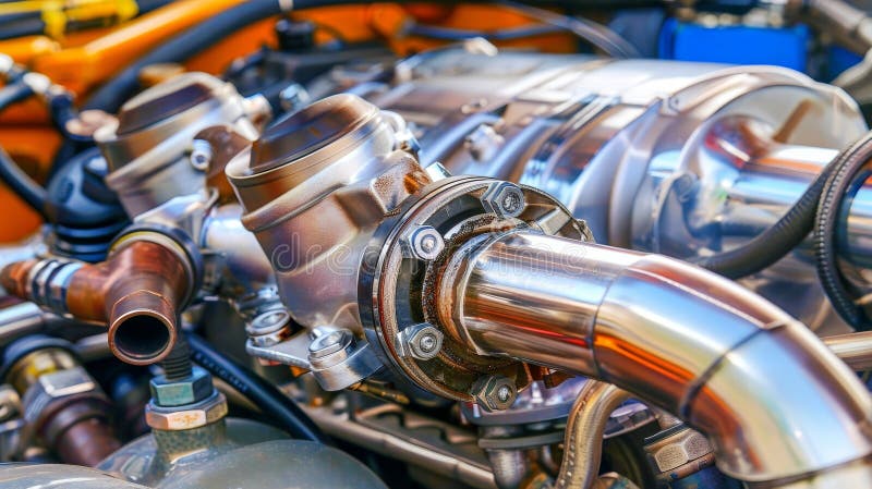 Close-Up Chrome Turbocharger and Exhaust Manifold of a Customized, High ...