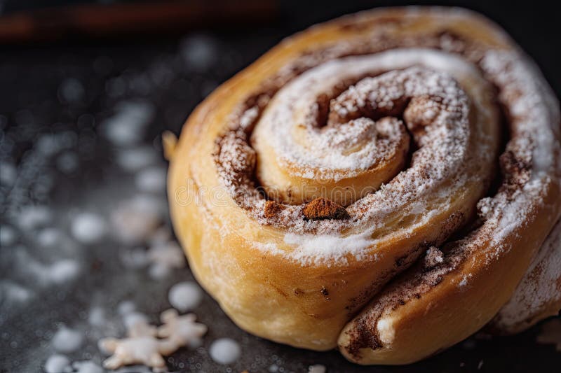 Close-up of Cinnamon Roll with Flaky Pastry and Sprinkle of Sugar ...