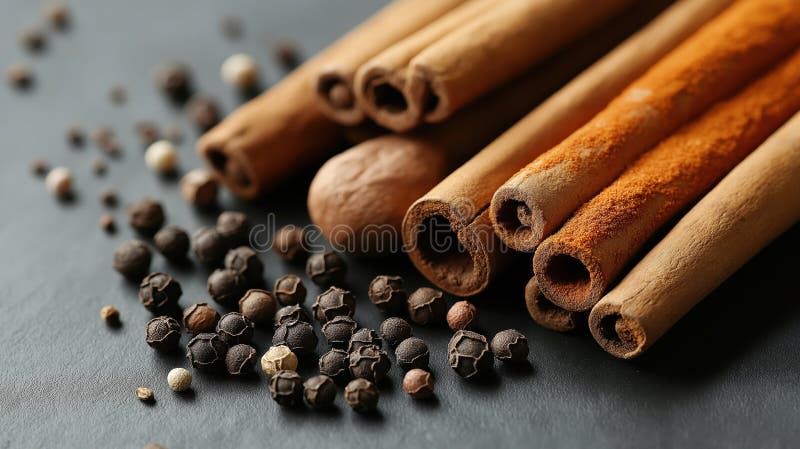 Close Up of Cinnamon Sticks and Black Pepper on a Dark Surface Stock ...